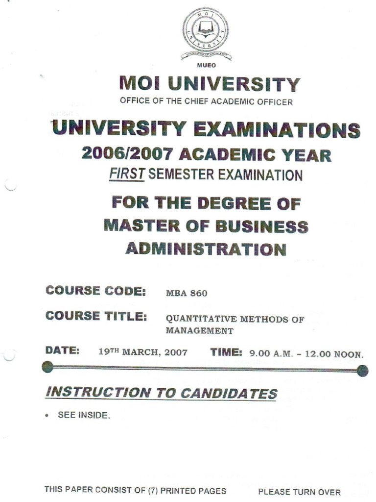 MBA 860 - Quantitative Methods of Management - 19th Mar 2007 | PDF