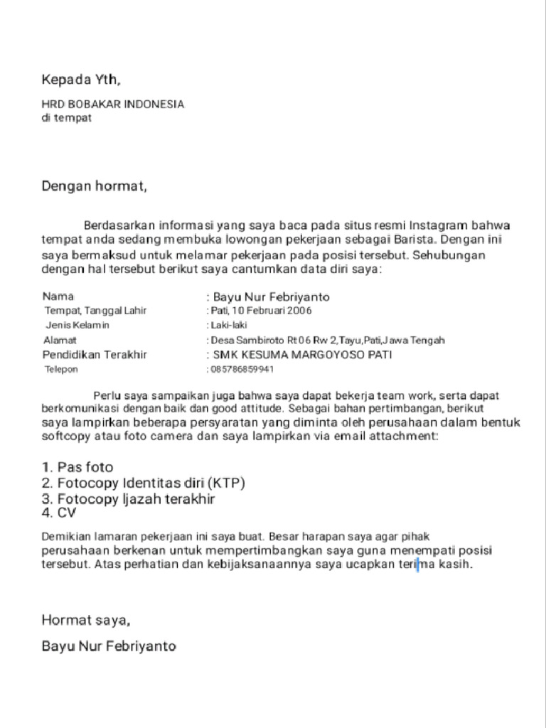 Lamaran Bayu Nur Febriyanto | PDF