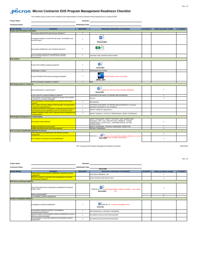 Micron Contractor EHS Program Management Readiness Checklist - xlsxrv1 ...