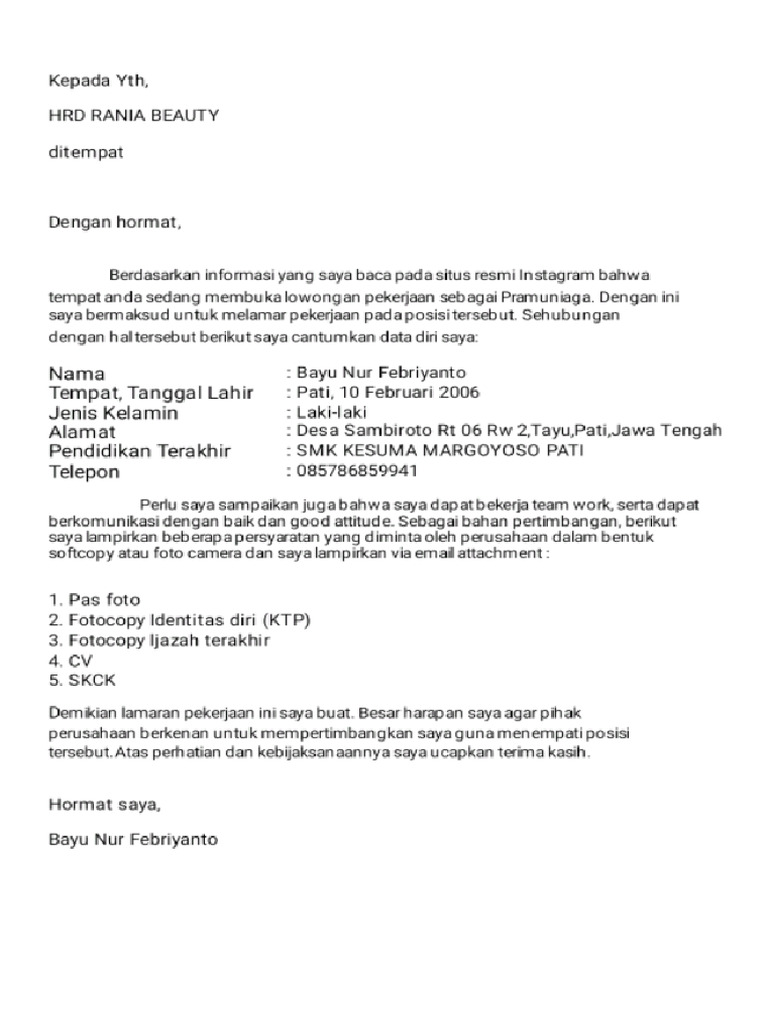 Surat Lamaran Bayu Nur Febriyanto | PDF