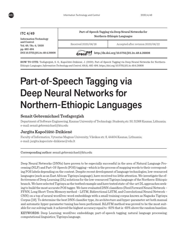 Part-of-Speech Tagging Via Deep Neural Networks For Northern-Ethiopic Languages | PDF