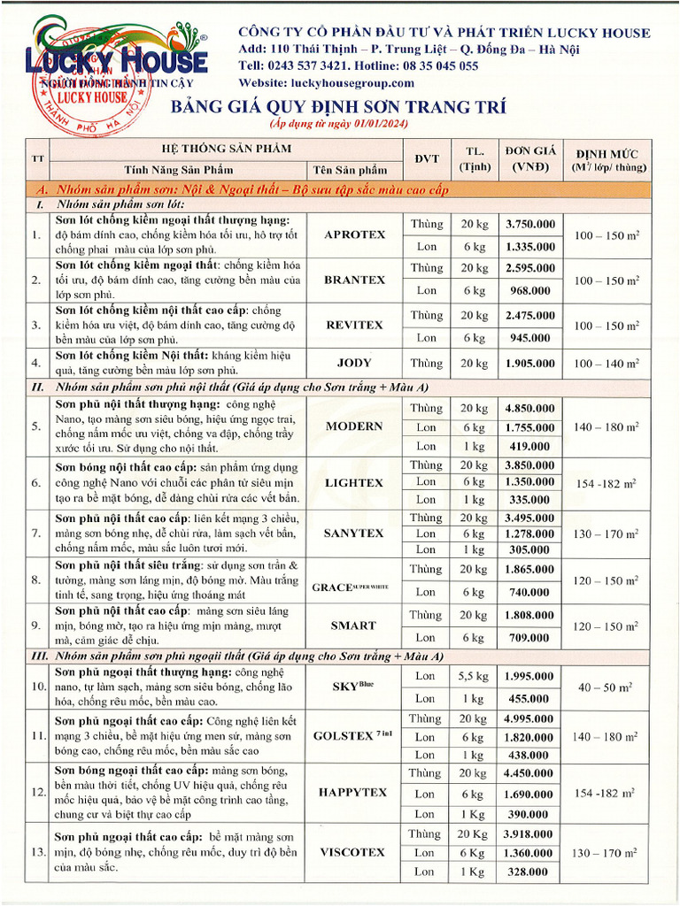 Bảng giá quy định Sơn trang trí 2024 | PDF