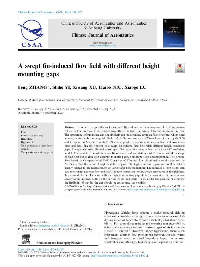 A Swept Fin Induced Flow Field With Different Hei 2021 Chinese Journal ...