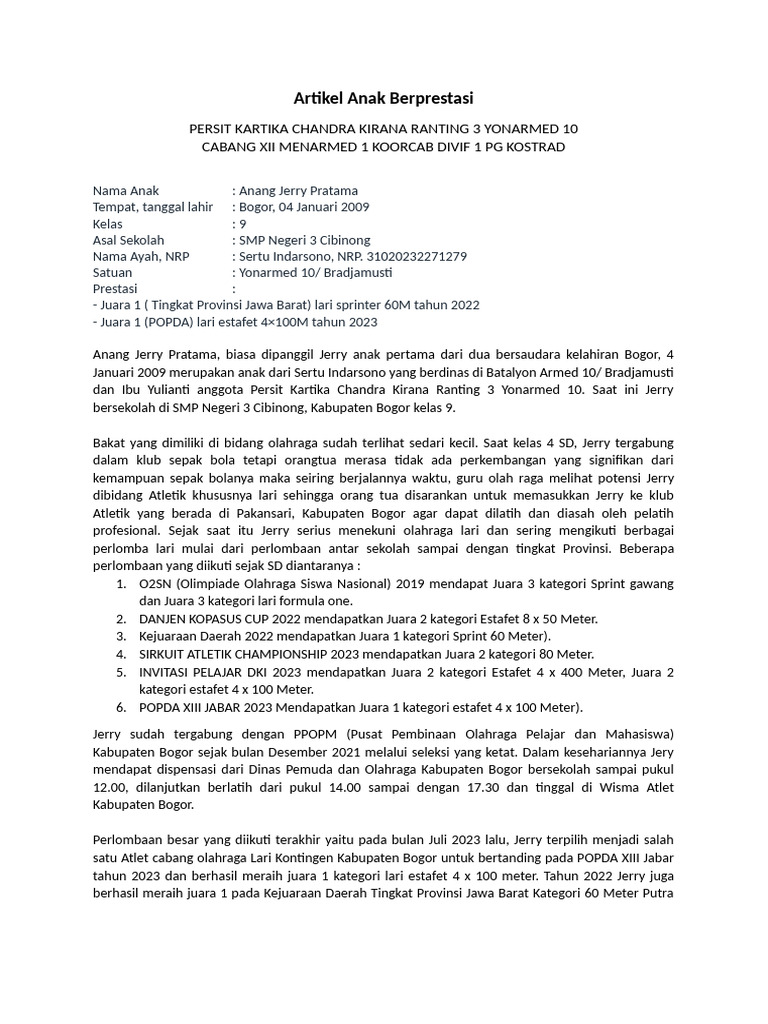Artikel Anak Berprestasi | PDF Artikel Anak Berprestasi | PDF