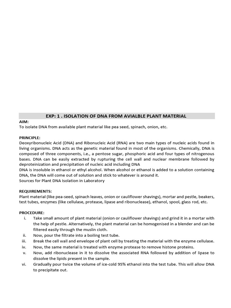 Expt 1. Isolation of Dna From Plant Material | PDF