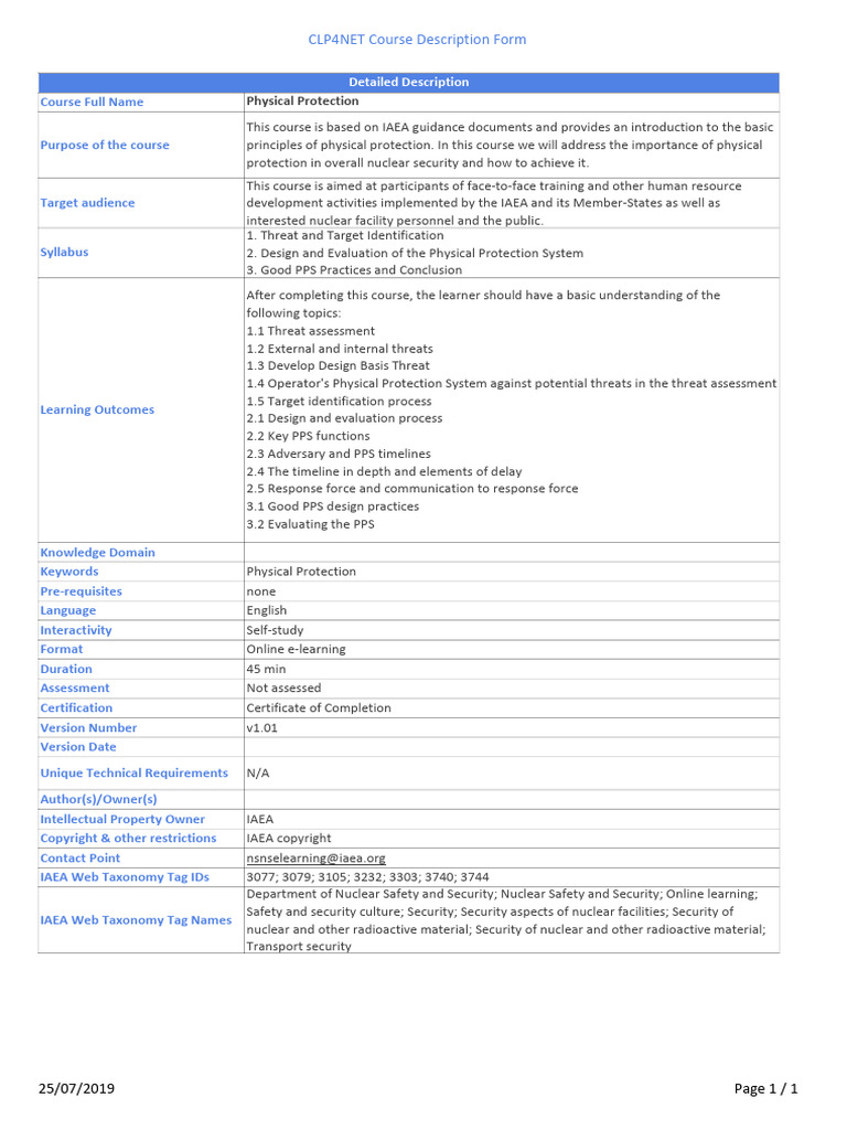 Course Description - Physical Protection - English | PDF