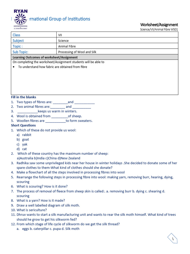 CLASS 7 WORKSHEET (1) ANIMAL FIBRE - PDF - Ic33410 | PDF