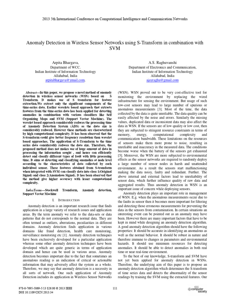 Anomaly Detection In Wireless Sensor Networks Using S Transform In Combination With Svm Pdf 1604