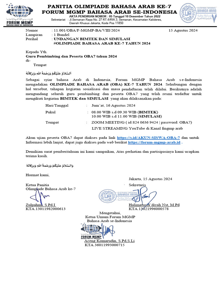 Surat Pemanggilan Bimtek Dan Simulasi OBA7 ( | PDF