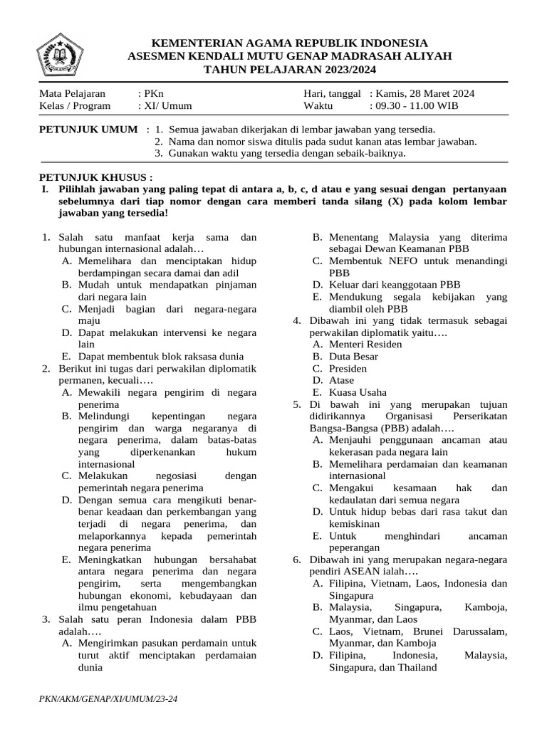 SOAL XI PKN AKM GENAP 2023-2024 | PDF