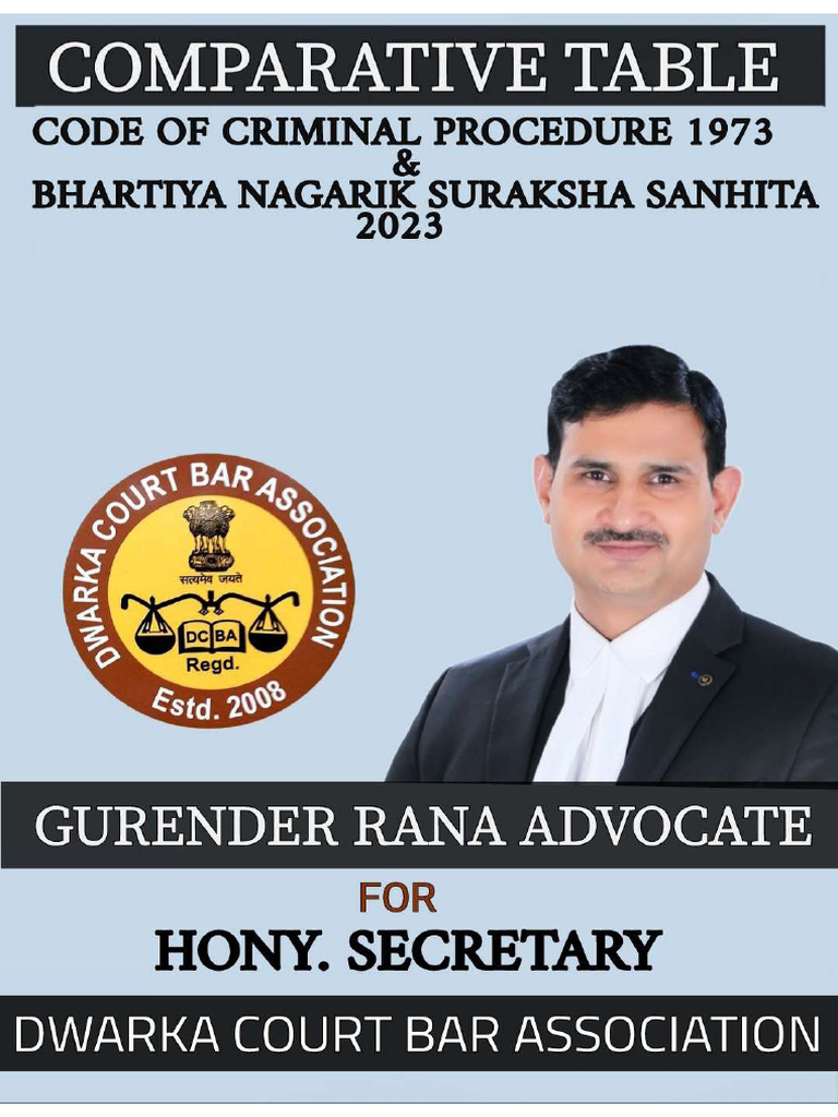 Comparative Table of CRPC 1973 & Bhartiya Nagarik Suraksha Sanhita 2023 (Adv Gurender Rana) | PDF