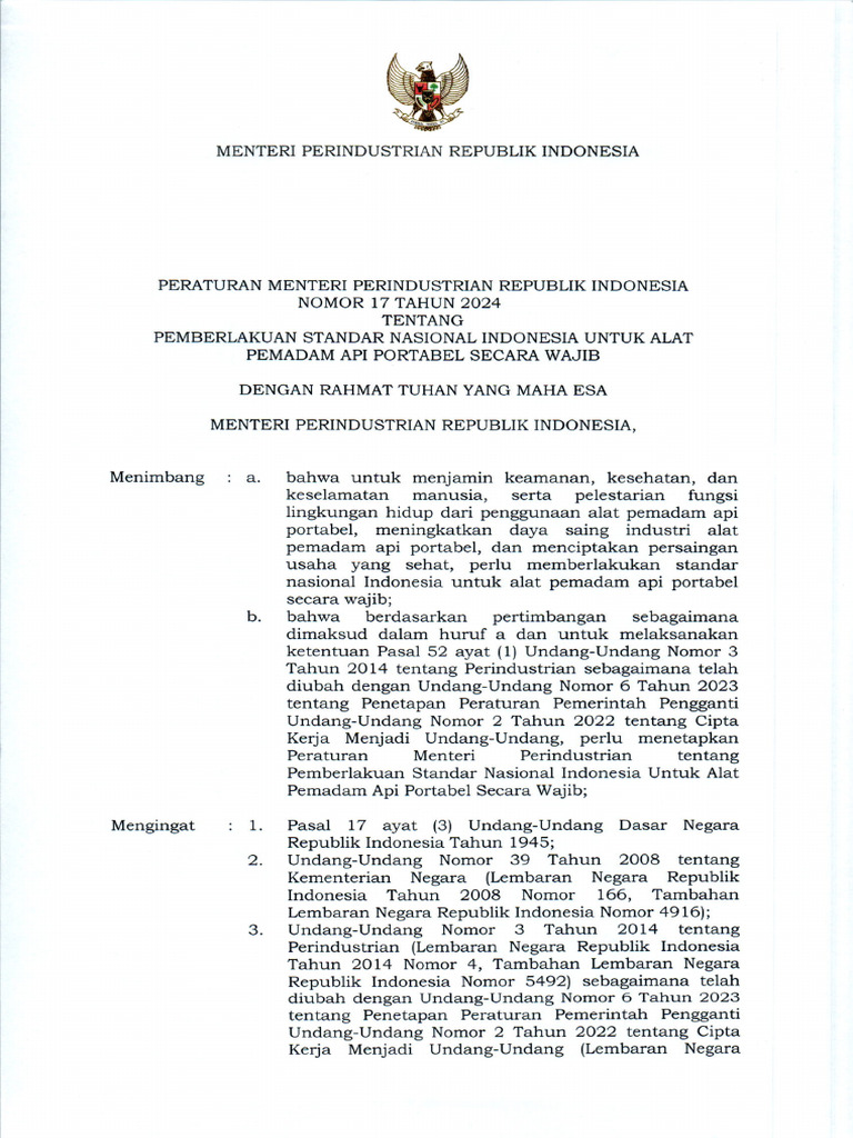 Permenperin No. 17 - APAP Alat Pemadam API Portable | PDF