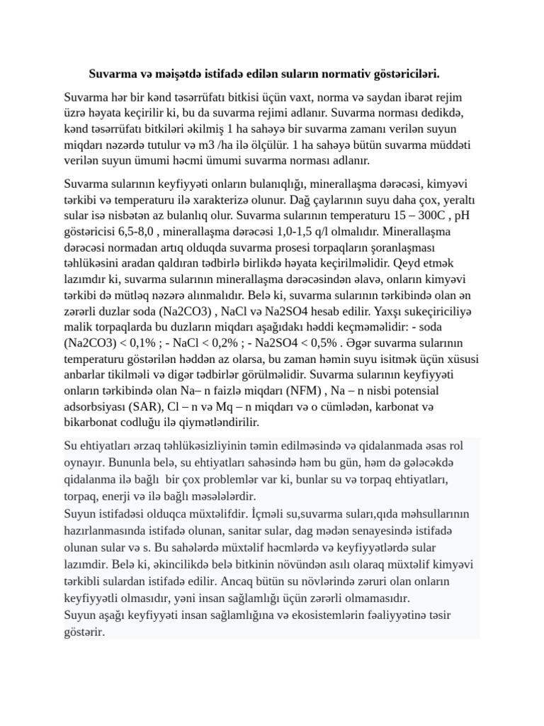 Suvarma VƏ Icməli Su | PDF