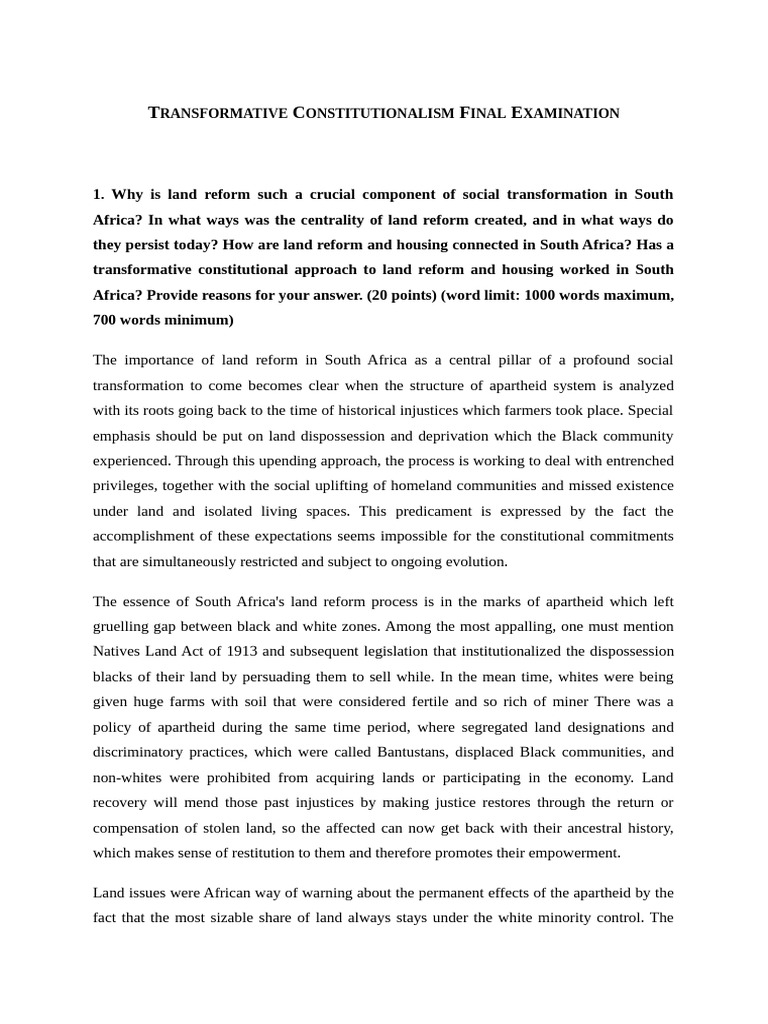 Transformative Constitutionalism Final Examination | PDF