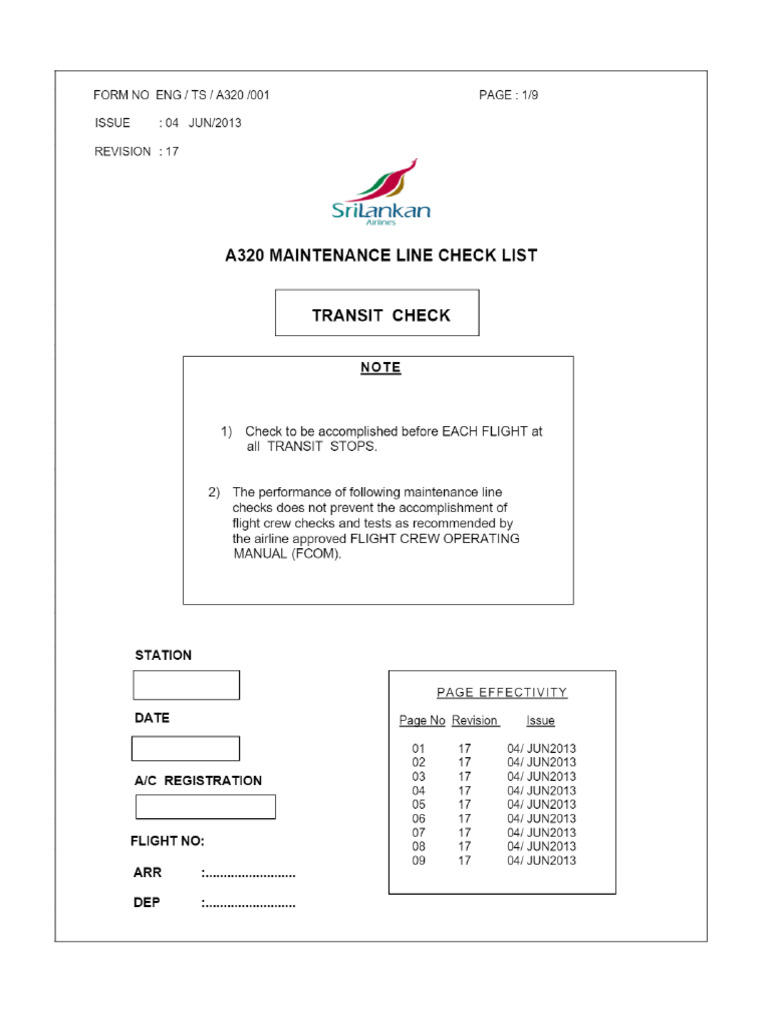 A320 Maintenance Line Check List | PDF