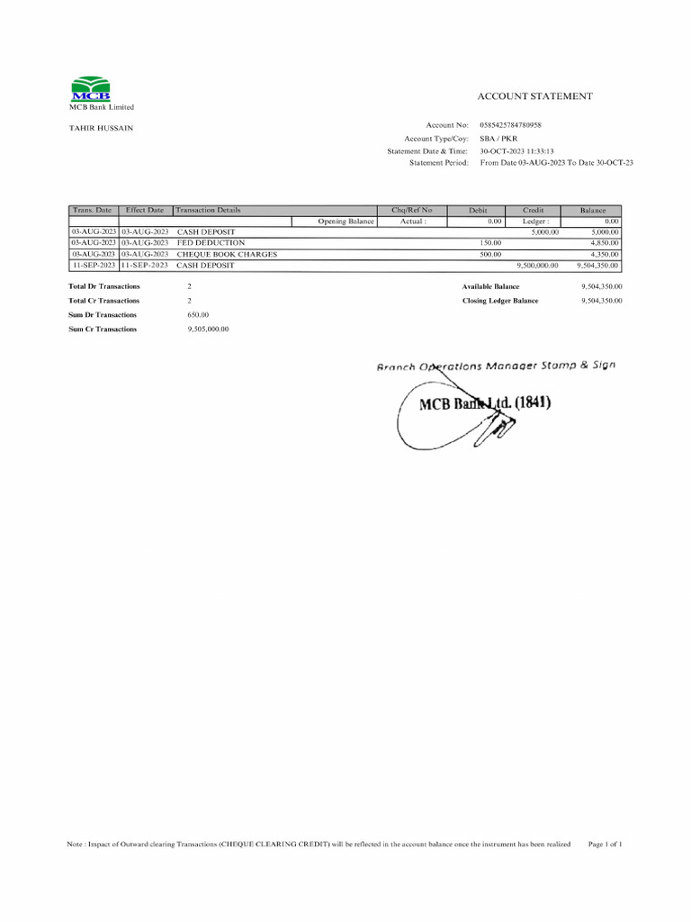 MCB Bank Statement - Tahir Hussain | PDF