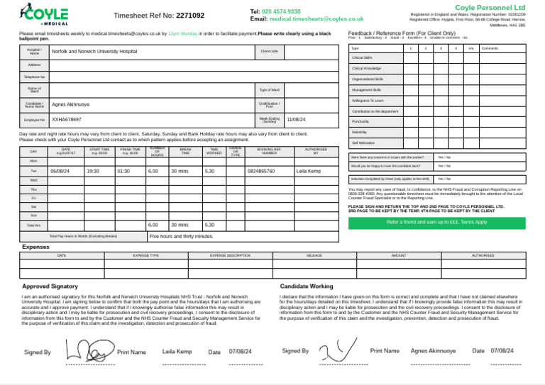 Timesheet Ref No: 2271092: Norfolk and Norwich University Hospital | PDF