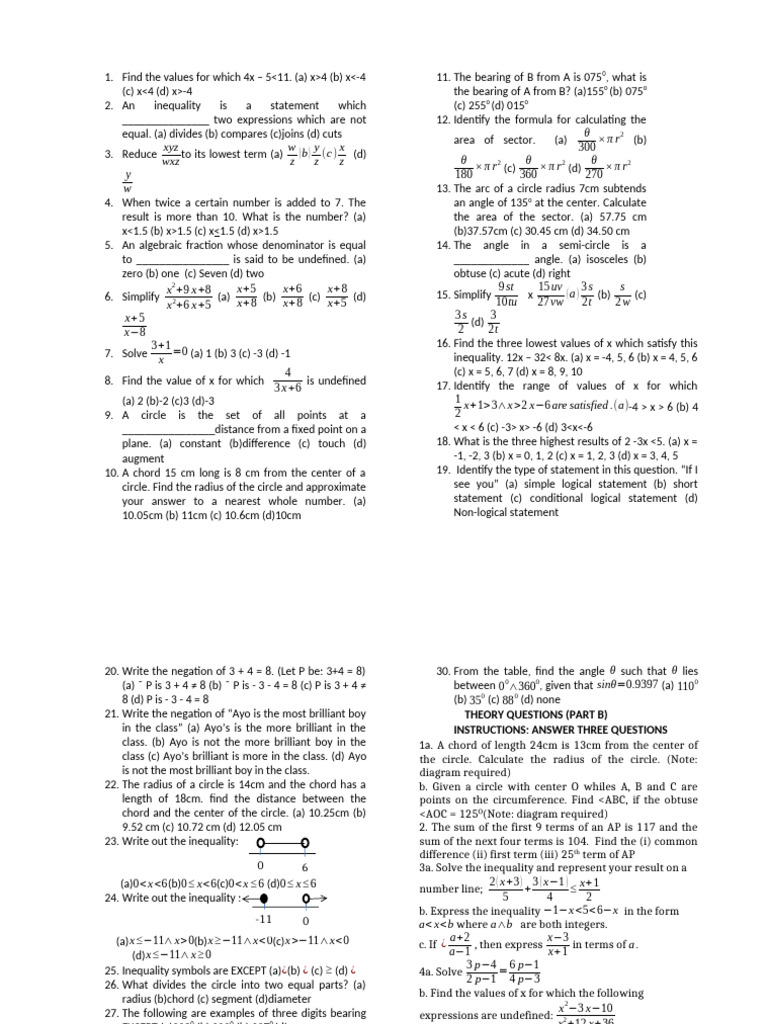 SS2 Second Term Maths 2023 | PDF | Area | Angle