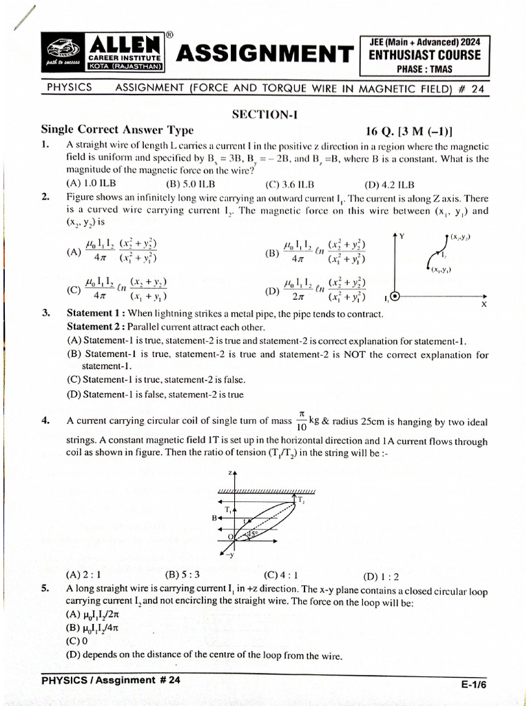 24 # Assignment (TMAS) (Force and Torque On Wire in Magnetic Field) | PDF