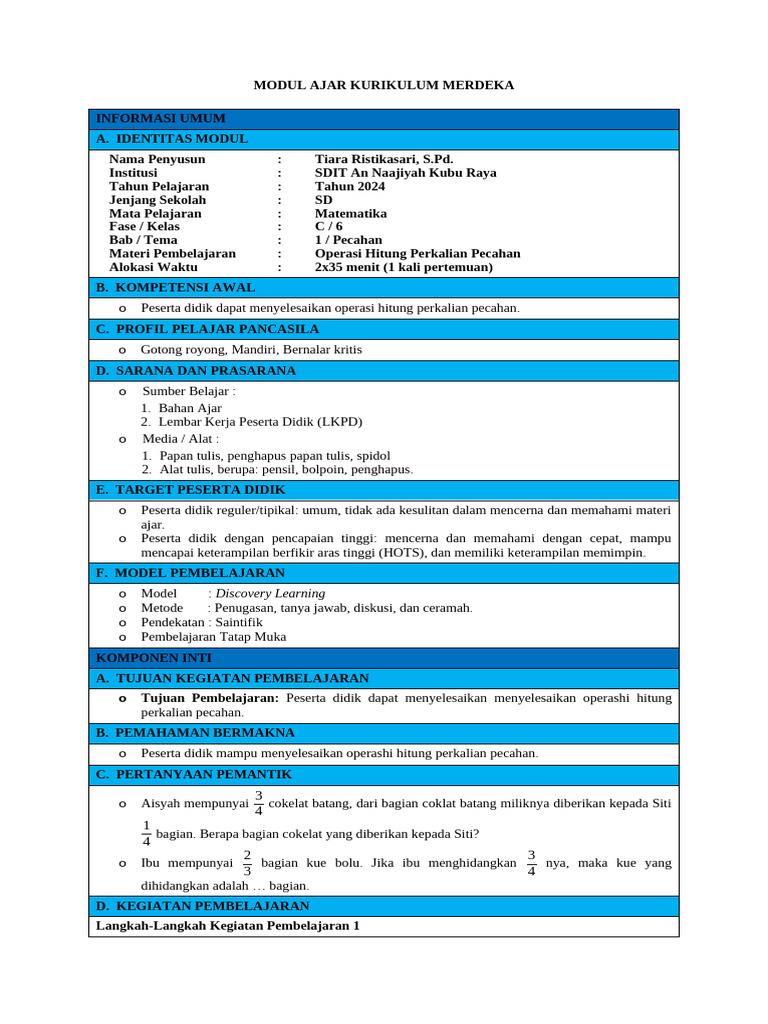 Modul MTK 6 Pecahan 2 | PDF