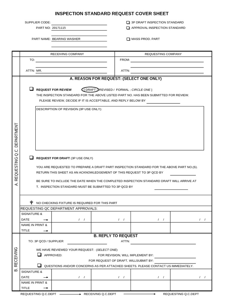 Inspection Standard Request Cover Sheet: A. Reason For Request: (Select ...