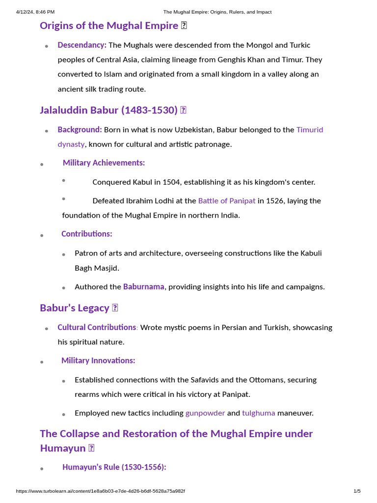 The Mughal Empire - Origins, Rulers, and Impact | PDF