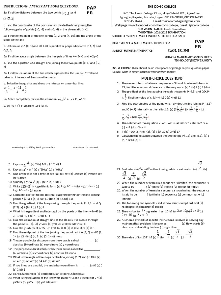 Third Term SS1 Further Mathematics Questions 2021-2022 | PDF