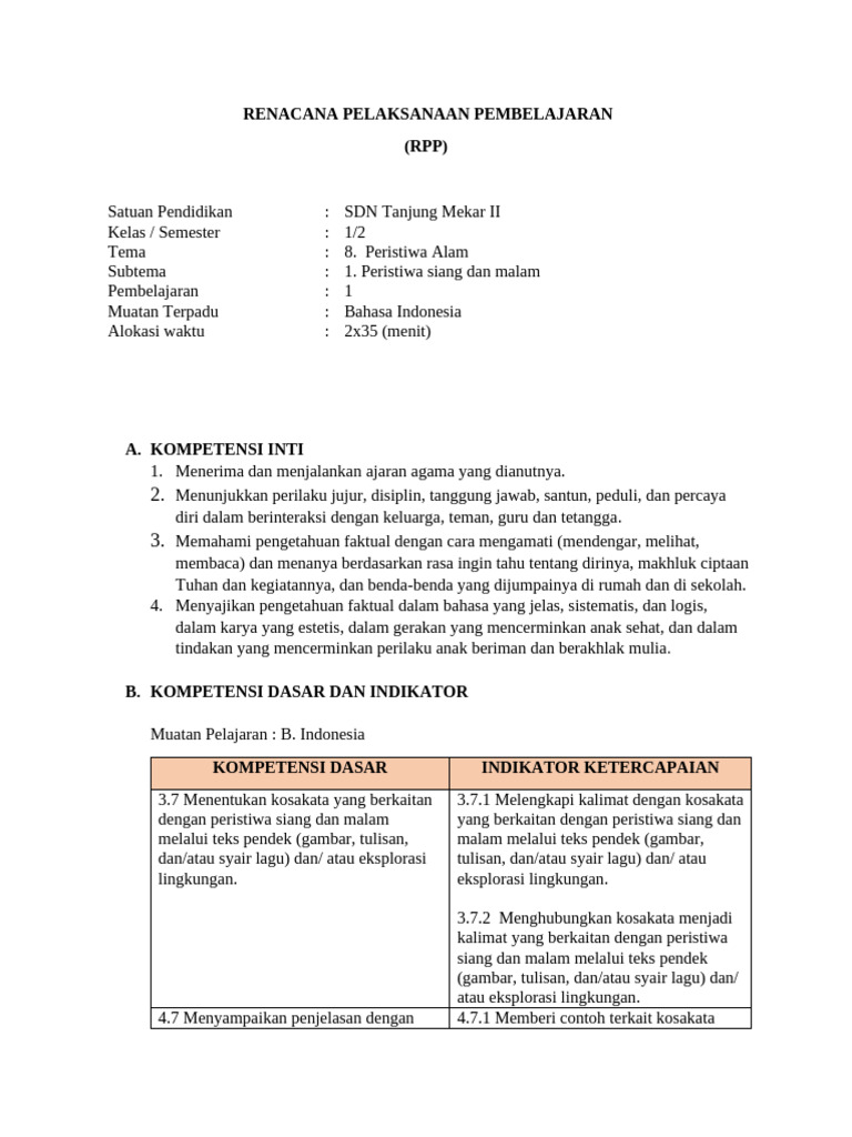 RPP (Indo) KELAS 1 TEMA 8. | PDF