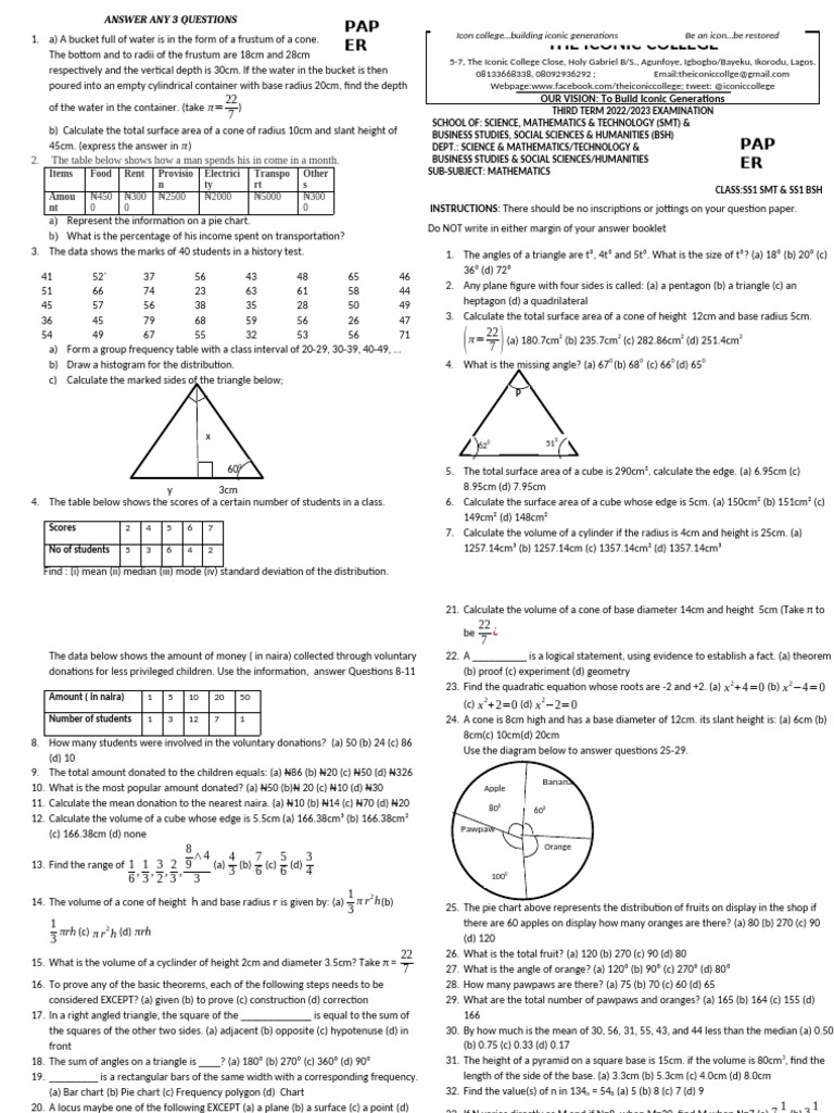 Third Term 2023 All Maths Examination Questions For Senior Schools Ready For Printing | PDF