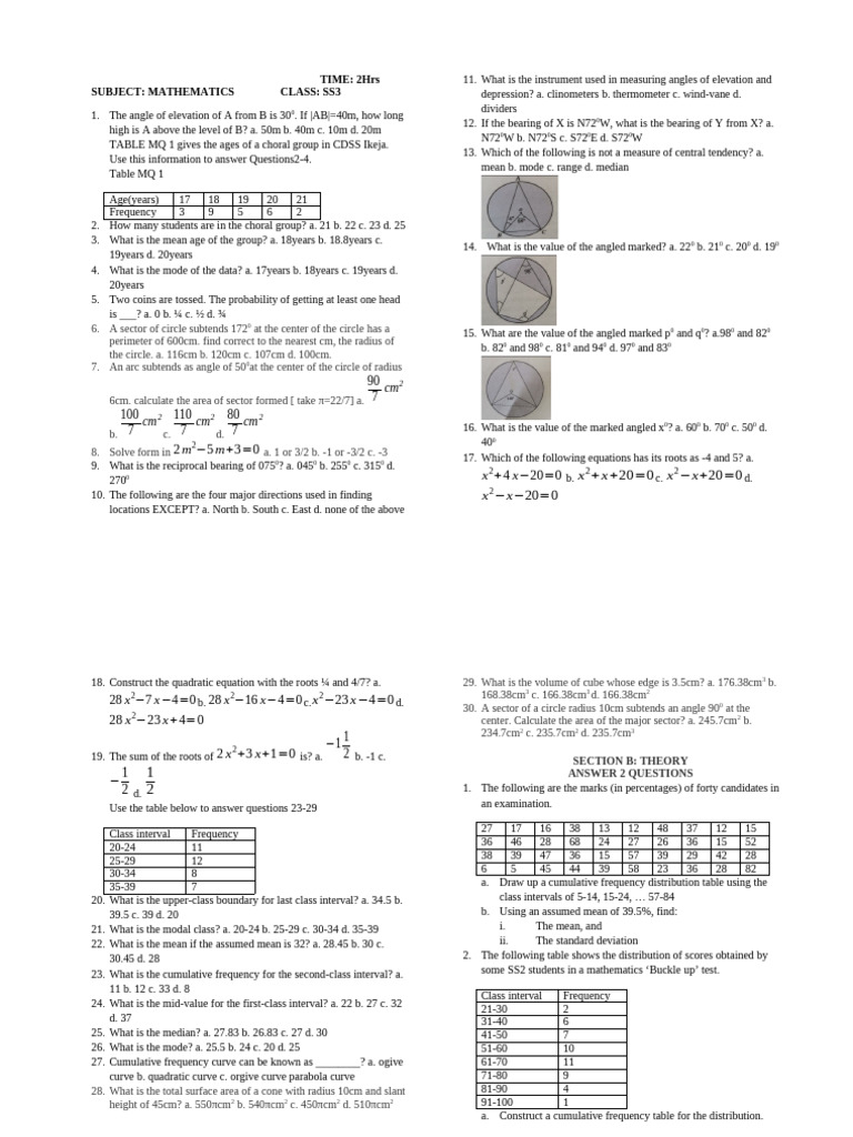 SS3 Third Term Mathematics Exams | PDF