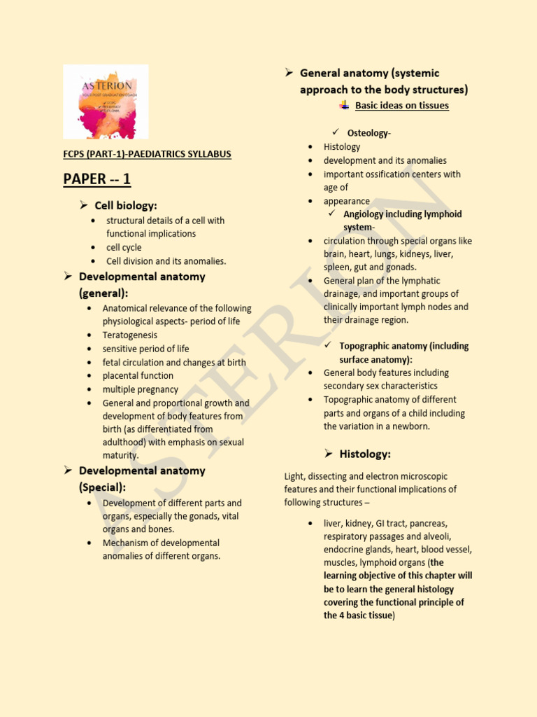 Paper-1 Syllabus Fcps Part-1 (Paedi) | PDF