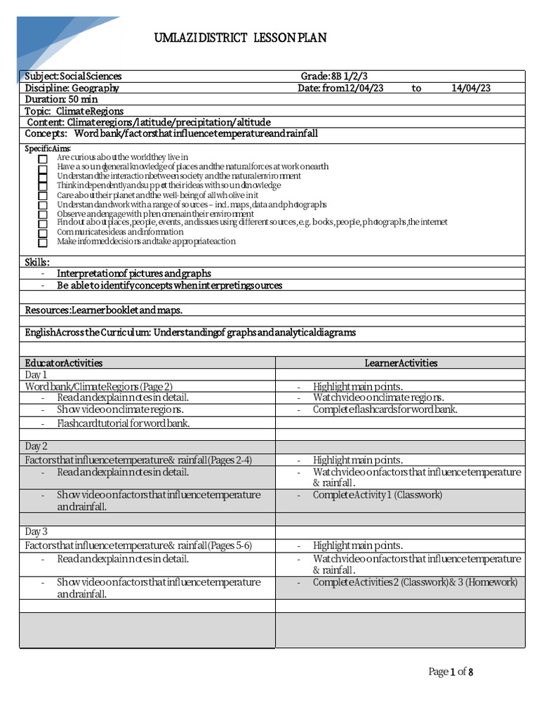 2023 Gr8 CAPS Lesson Plans T2 Geog | PDF