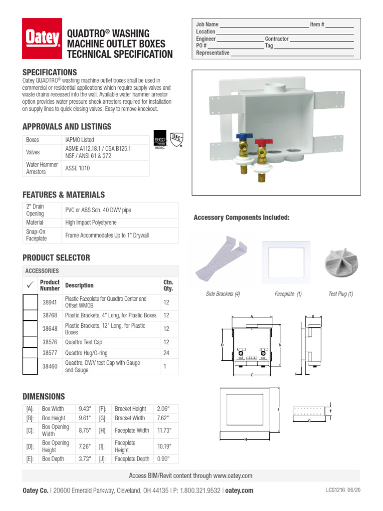 Raw 11 Quadtro Washing Machine Outlet Boxes Submittal LCS1216 | PDF