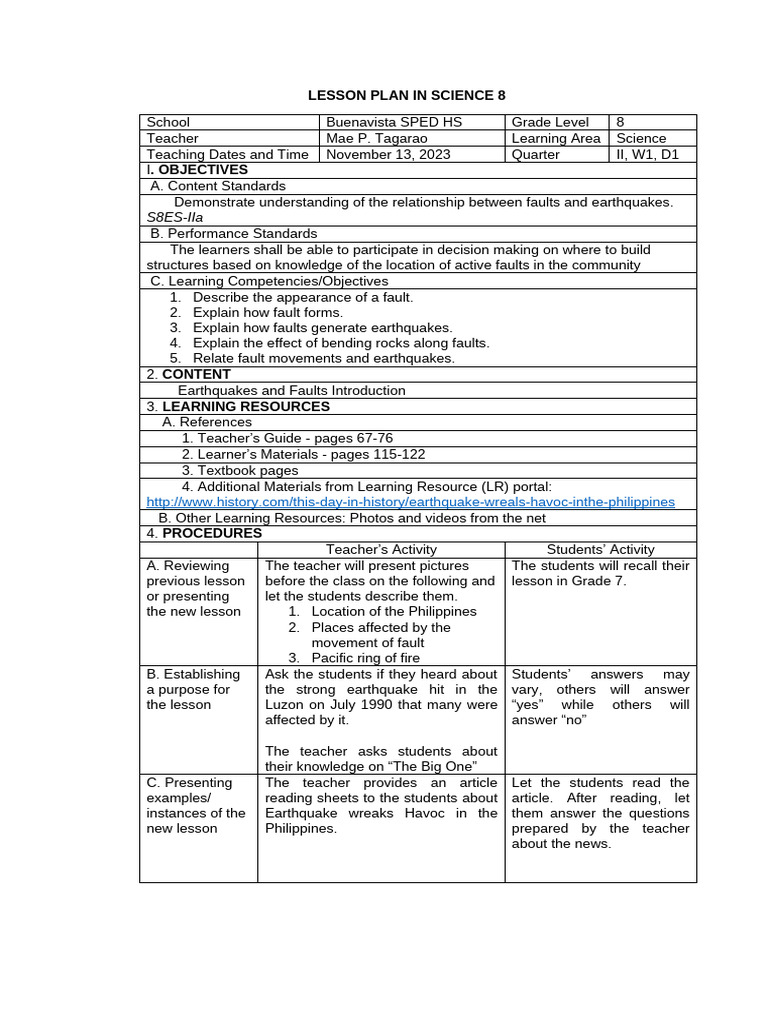 S8Es-Iia: Lesson Plan in Science 8 | PDF