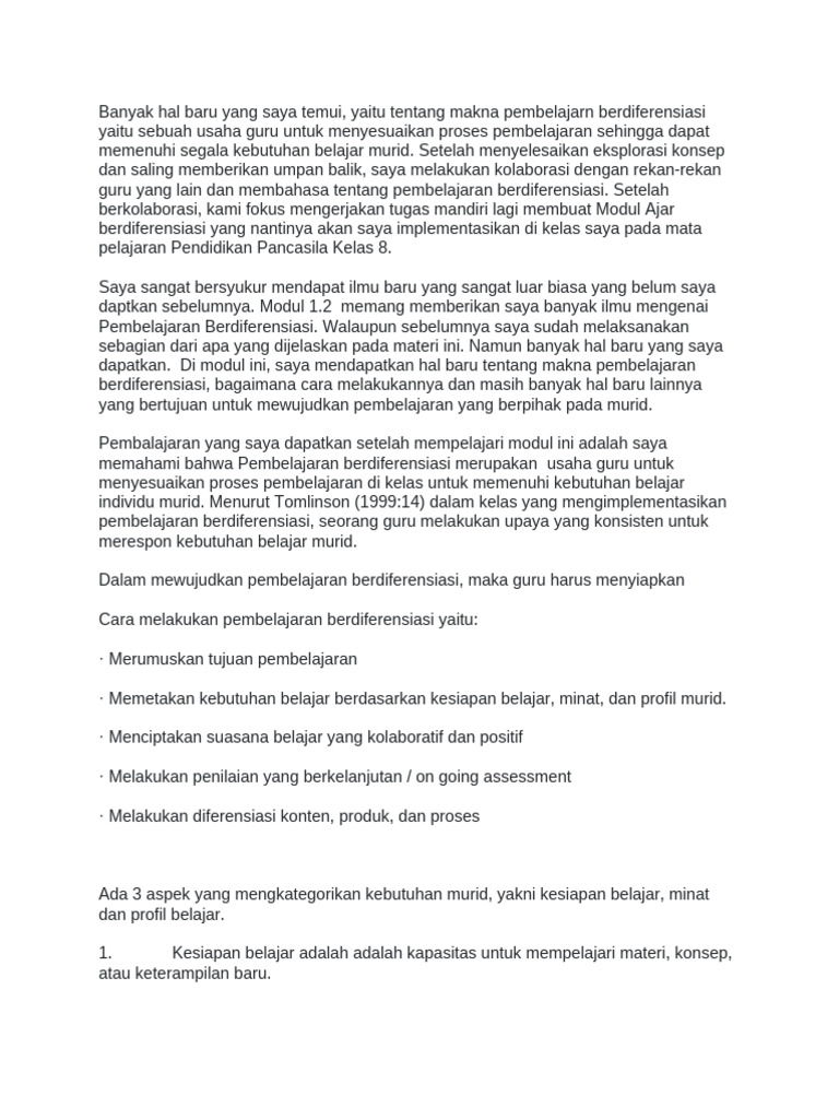 Refleksi Pembelajaran Berdiferensiasi | PDF