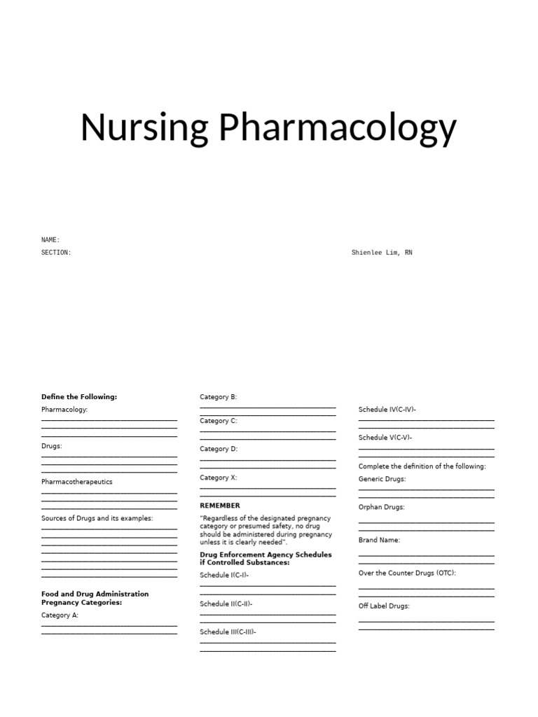 WORK BOOK Nursing Pharmacology | PDF