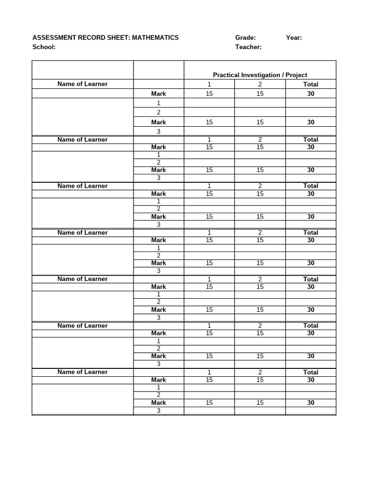 Assessment Record Sheet Grades6-7 Mathematics | PDF