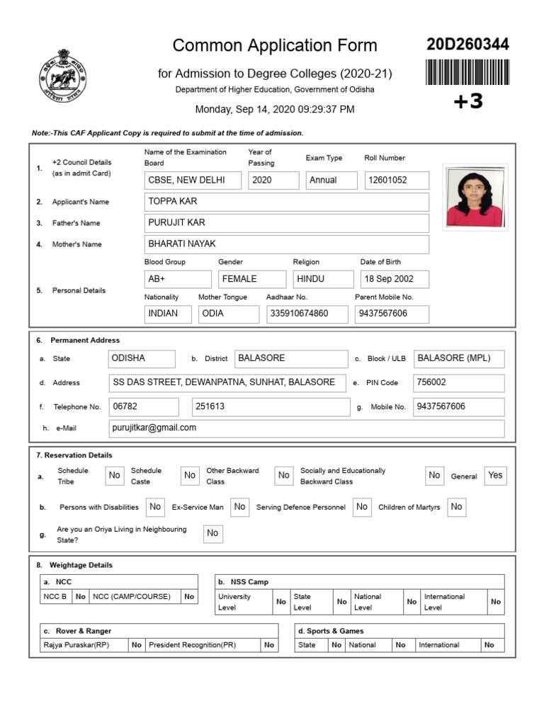CAF-2020 +3 form fill up | PDF