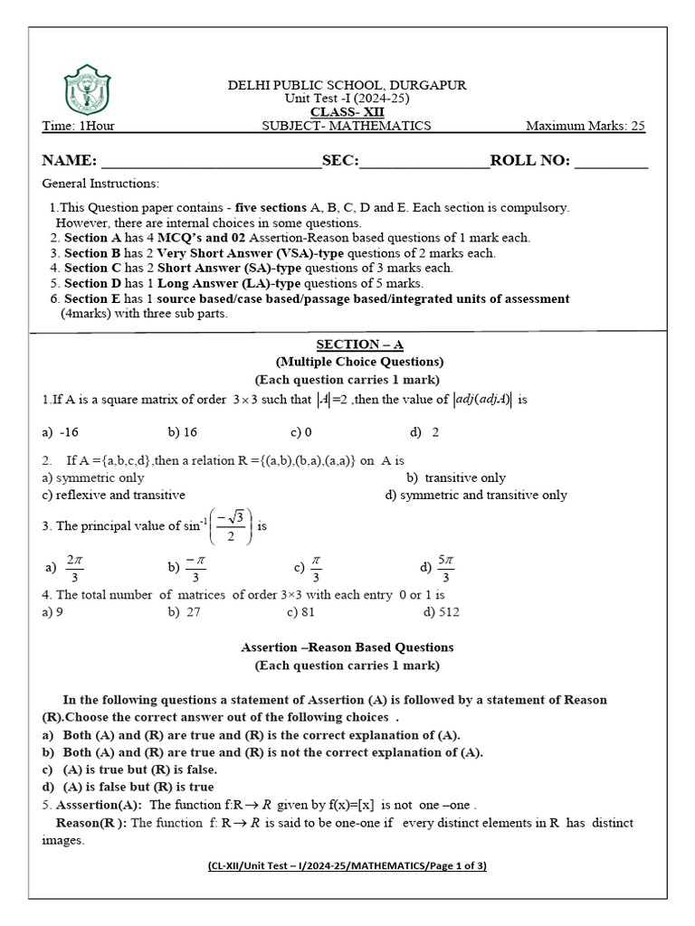 4928 CL12 Ut1 Maths 2024-25 | PDF