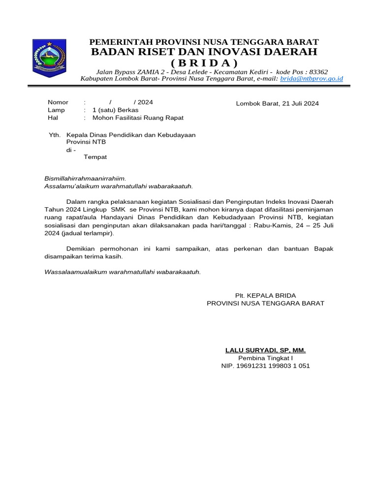 Surat Permohonan Fasilitasi Ruangan | PDF