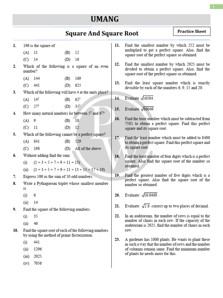 Squares and Square Roots Practice Sheet (Umang 2023) PDF | PDF