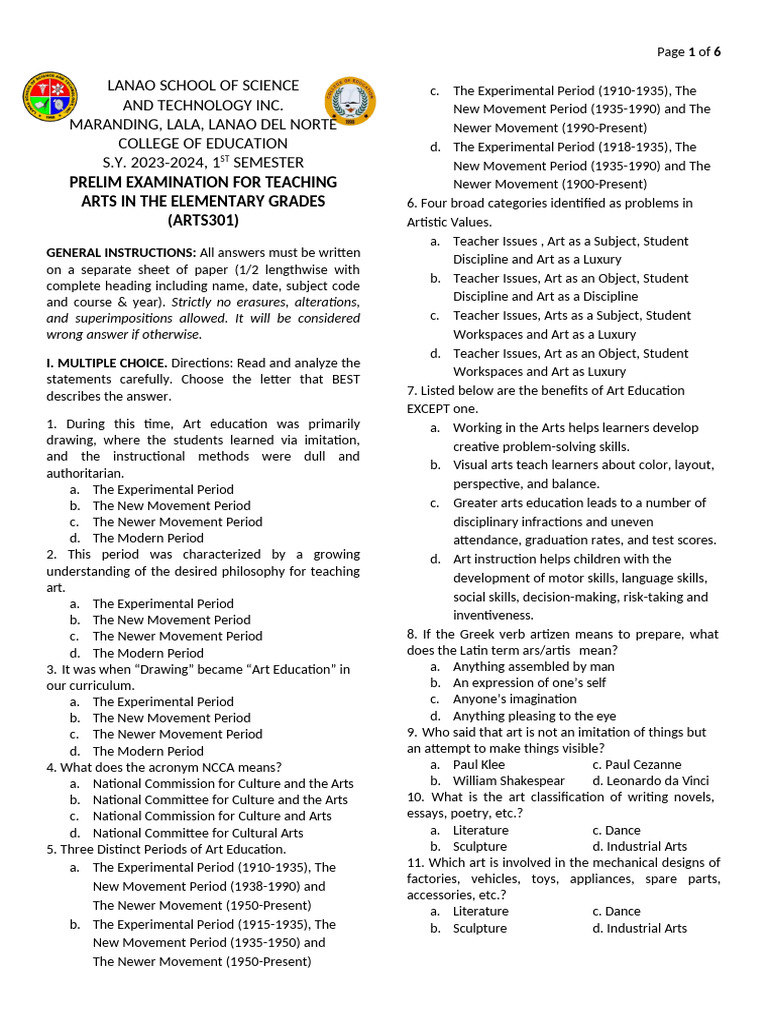 Prelim Teaching Arts Pdf Lesson Plan Learning