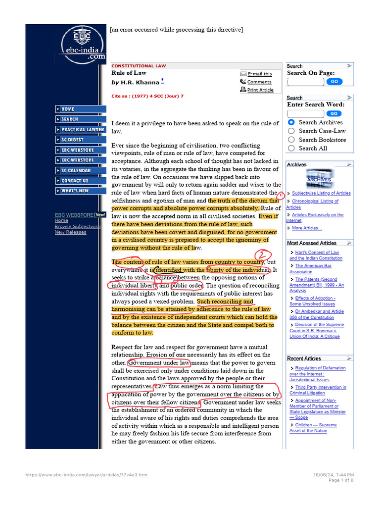 Justice H.R. Khanna, Rule of Law, (1977) 4 SCC (Jour) 7. | PDF