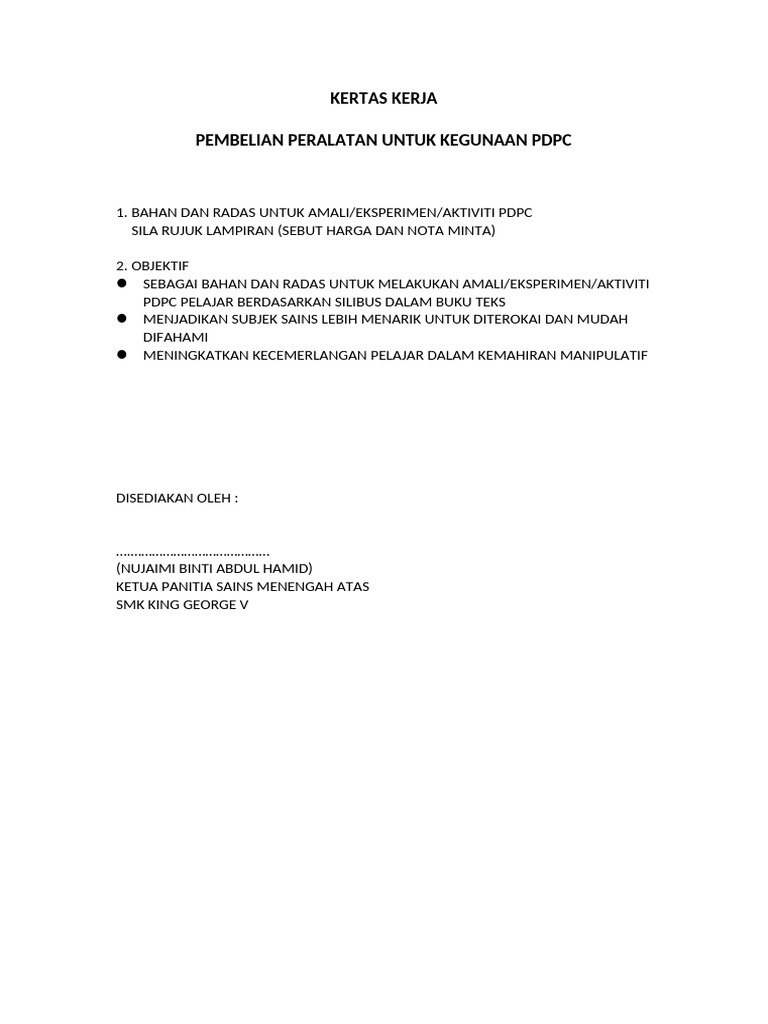 Kertas Kerja Pembelian Barang Panitia Sains 2024 | PDF