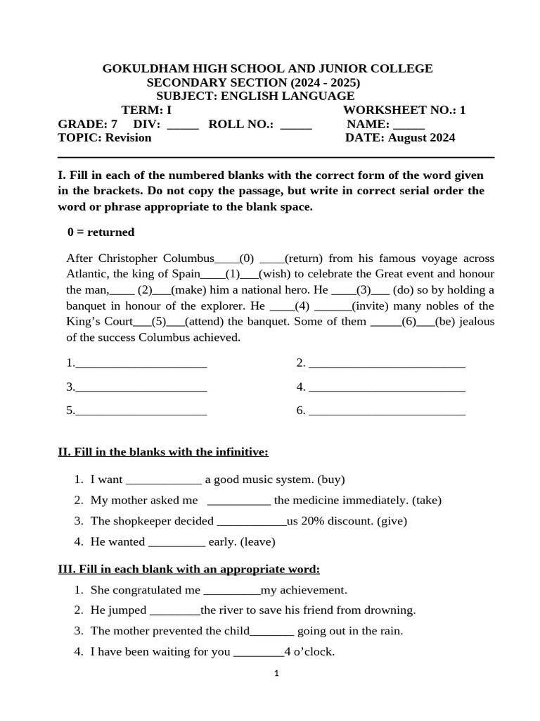 Grade 7 - Revision I Term I Eng I | PDF