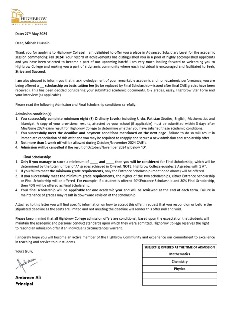 Offer Letter As 2024 INSTALLMENTS Misbah Hussain | PDF