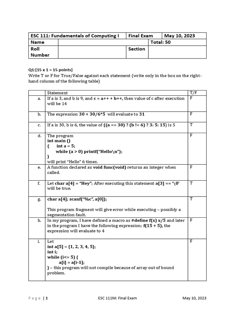 ESC111M Final Exam Solution V3 | PDF