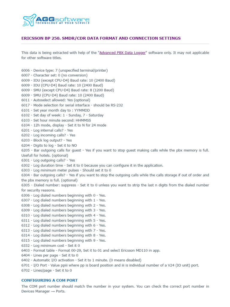 Ericsson BP 250 - SMDR - CDR Call Logging & Accounting | PDF