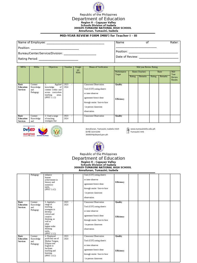 MID YEAR Review Form For T1 T3 | PDF | Learning | Pedagogy