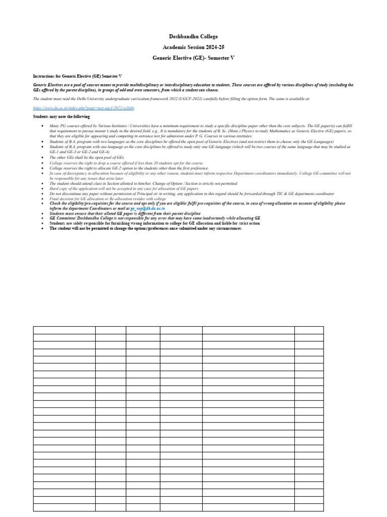Deshbandhu College Academic Session 2024-25 Generic Elective (GE) - Semester V | PDF